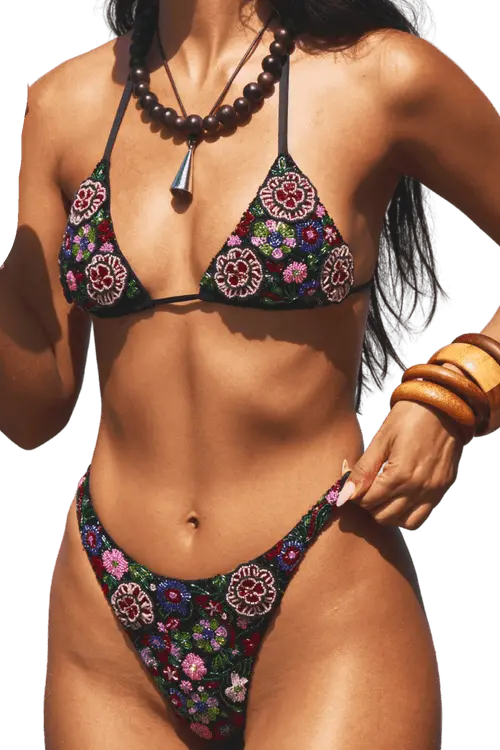 SELF-ADORE Fleur 3d Hand Beaded Triangle Bikini Top - Black