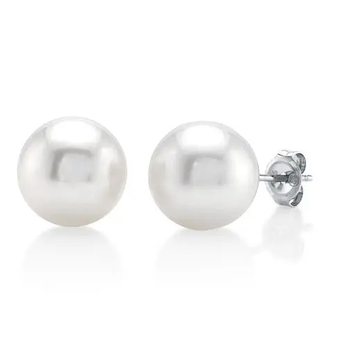 The Pearl Source 9mm Round South Sea Pearl Stud Earrings - White Gold