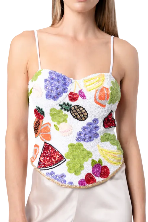 SELF-ADORE Fruit Embellished Corset Top - White