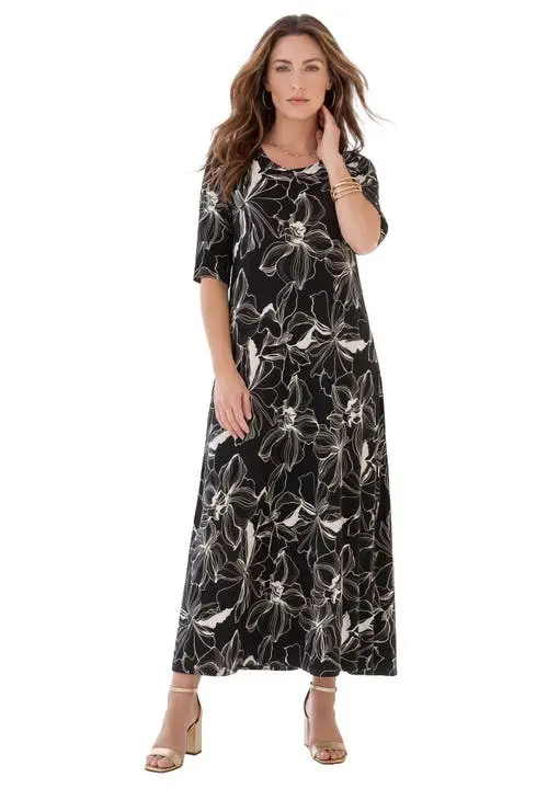 Roaman's Stretch Knit High-low Short Sleeve Maxi Dress - Black Hibiscus