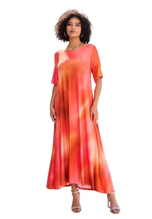 Roaman's Stretch Knit High-low Short Sleeve Maxi Dress - Copper Soft Mist