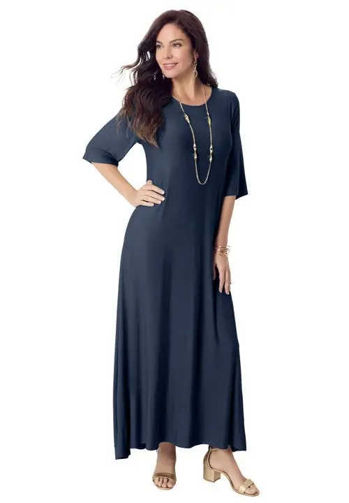 Roaman's Stretch Knit High-low Short Sleeve Maxi Dress - Navy