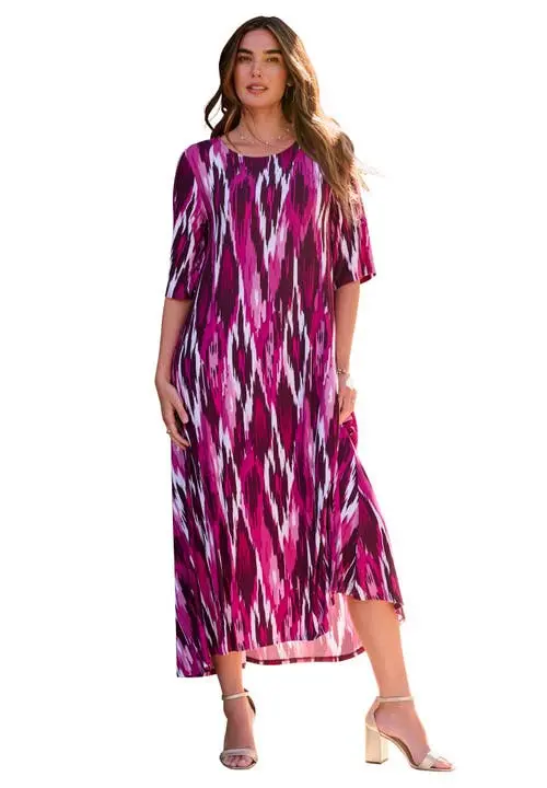 Roaman's Stretch Knit High-low Short Sleeve Maxi Dress - Raspberry Verona Ikat