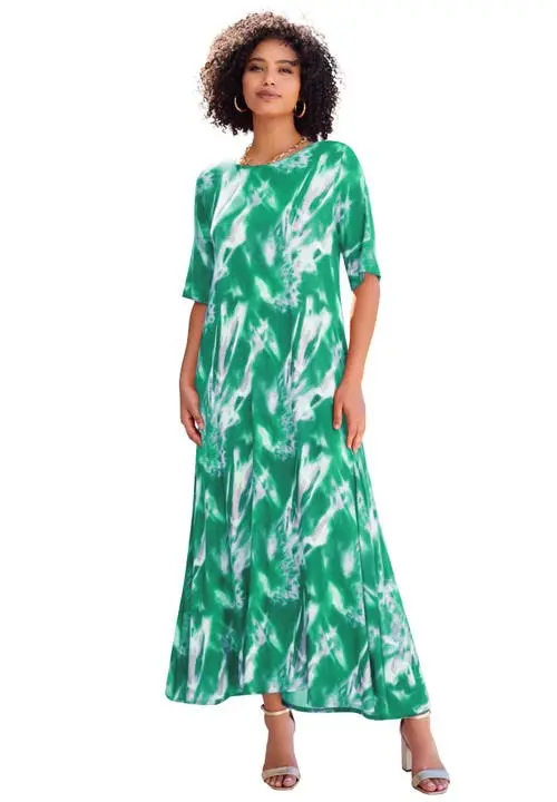 Roaman's Stretch Knit High-low Short Sleeve Maxi Dress - Tropical Emerald