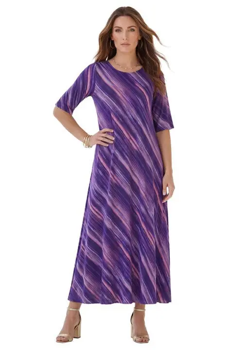 ROAMAN'S Stretch Knit High Low Short Sleeve Maxi Dress - Violet Bias Texture