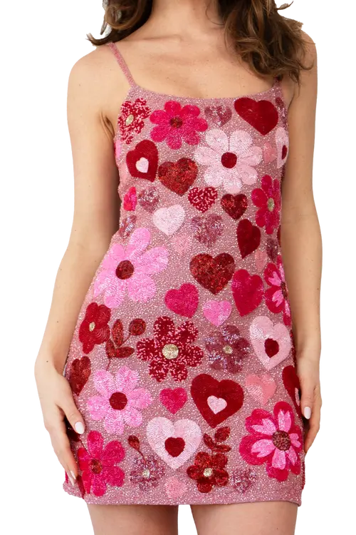 SELF-ADORE Bouquet Hand Beaded Embellished Mini Dress - Pink