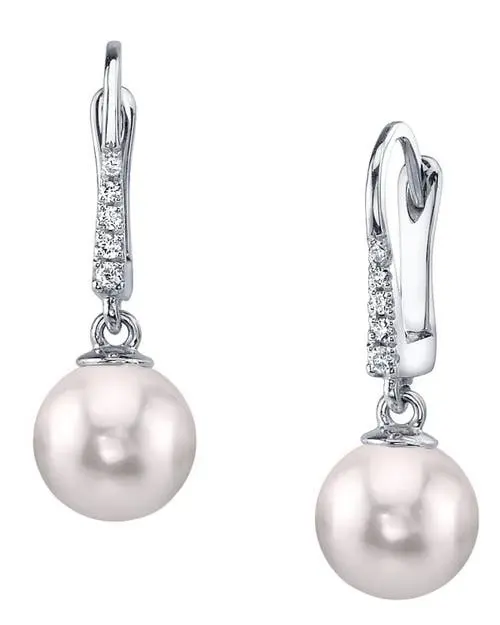 The Pearl Source Japanese Akoya Pearl & Diamond Drop Earrings - White Gold