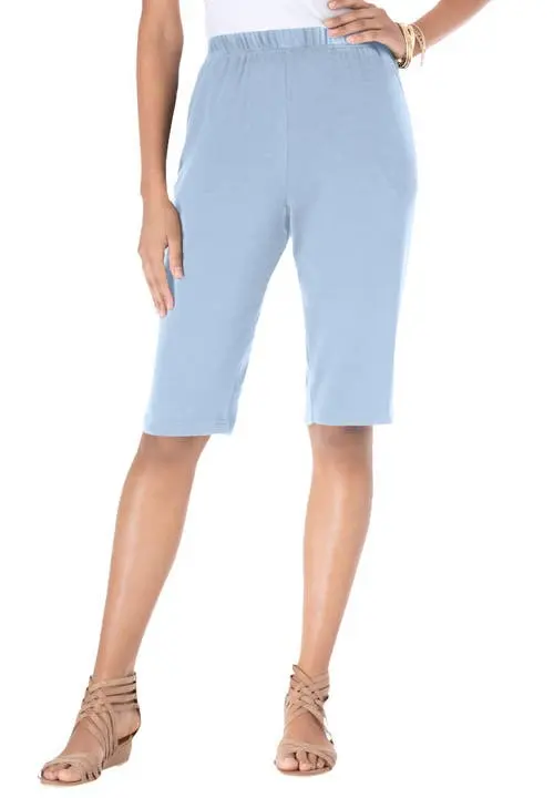 Roaman's Soft Knit Pull-on Bermuda Shorts - Pale Blue