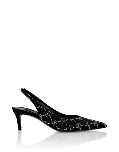 Philipp Plein Satin Slingback Low Heels Strass Monogram
