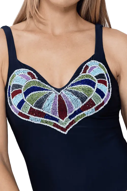 SELF-ADORE Amor Hand Beaded Embellished One Piece Swimsuit - Navy