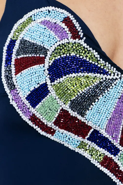 SELF-ADORE Amor Hand Beaded Embellished One Piece Swimsuit - Navy