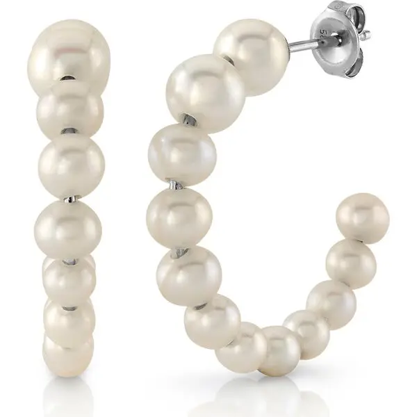 The Pearl Source White Freshwater Cultured Pearl Graduated Hoop Earrings - White Gold