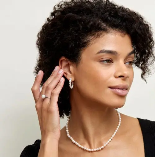 The Pearl Source White Freshwater Cultured Pearl Graduated Hoop Earrings - White Gold