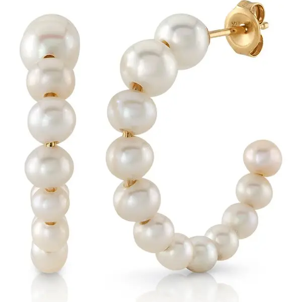 The Pearl Source White Freshwater Cultured Pearl Graduated Hoop Earrings - Yellow Gold
