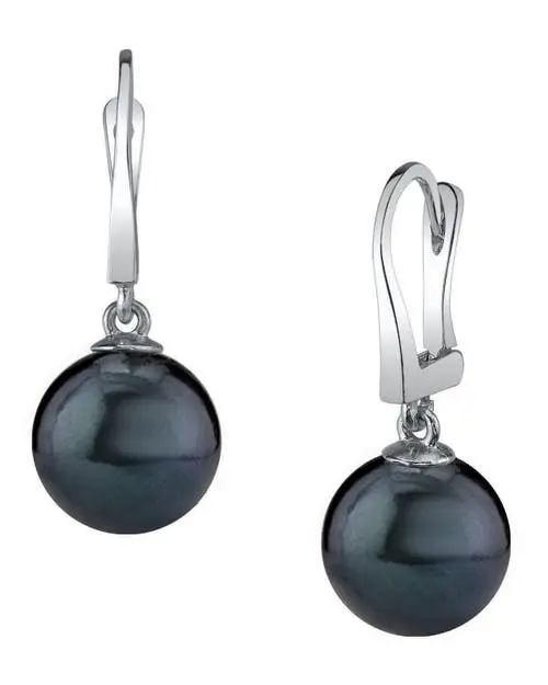 The Pearl Source Black Freshwater Pearl Drop Earrings - White Gold