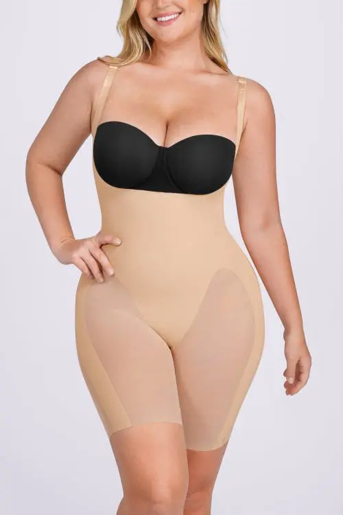 SHAPELLX Open Bust Mid-thigh Shapewear Bodysuit - Beige