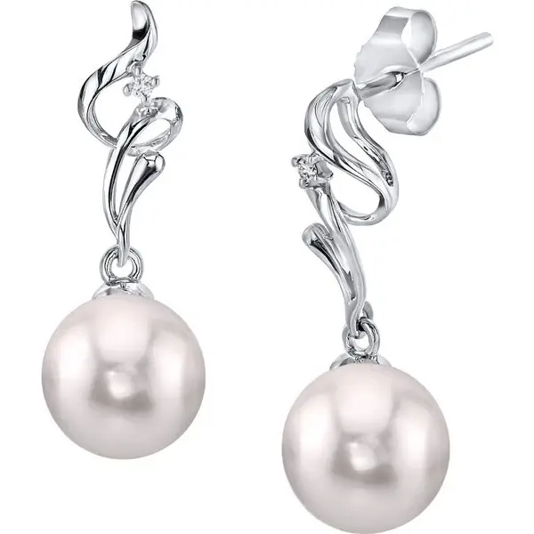 The Pearl Source Japanese Akoya Pearl & Diamond Drop Earrings - White Gold