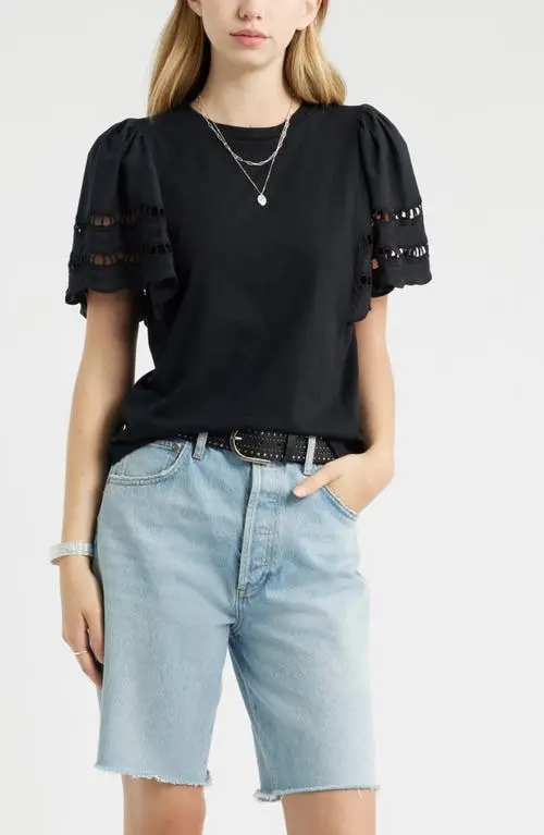 Treasure & Bond Flutter Sleeve Eyelet Top - Black
