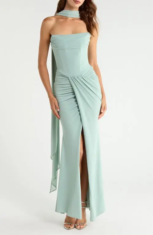 House Of Cb Portia Strapless Cocktail Dress With Slit And Ruching - Jade
