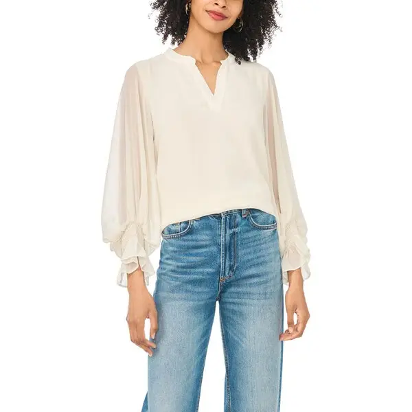 Vince Camuto Ruffle Cuff Split Neck Top - Birch