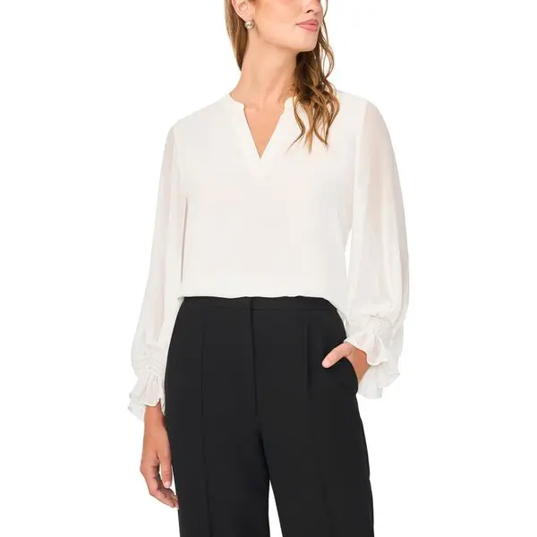Vince Camuto Sheer Sleeve Split Neck Blouse - New Ivory