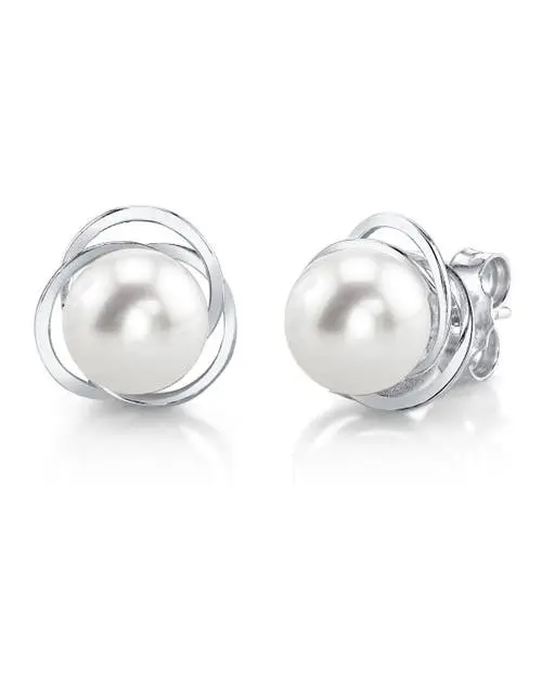 The Pearl Source White Freshwater Pearl Stud Earrings - White Gold