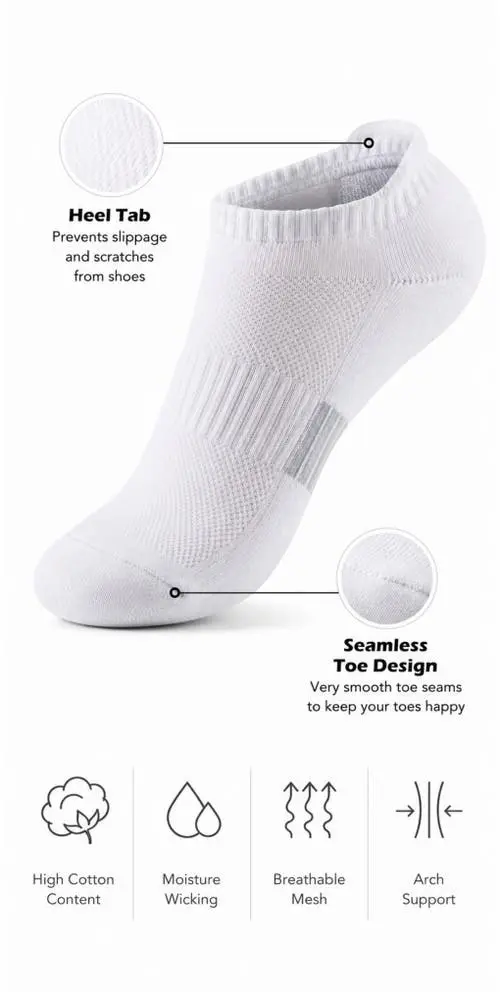 ZILPU Cushioned Performance Athletic Ankle Socks 5-pack