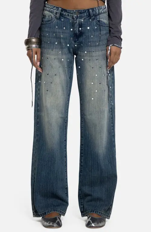 JADED LONDON Hunter Mirror Embellished Low Rise Wide Leg Jeans - Blue