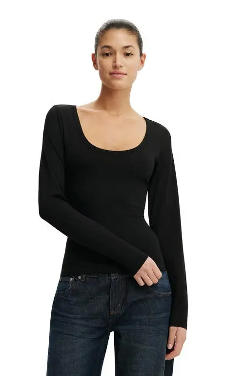 COTTON ON Scoop Neck Long Sleeve Top - Black