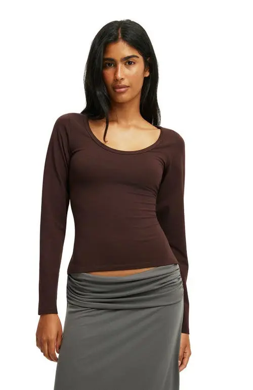 COTTON ON Scoop Neck Long Sleeve Top - Dark Oak