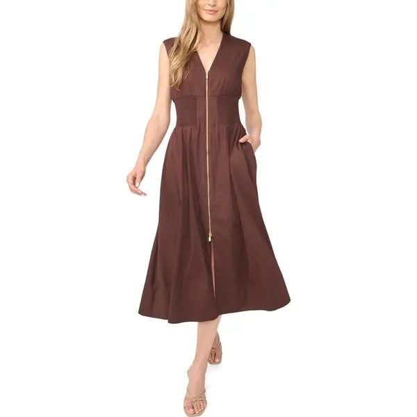 Halogen Zip-front V-neck Sleeveless Midi Dress - Chicory Coffee