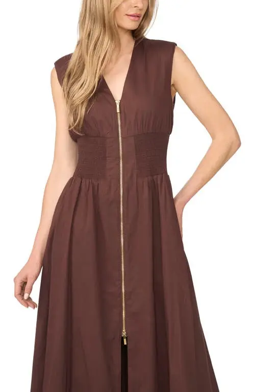 Halogen Zip-front V-neck Sleeveless Midi Dress - Chicory Coffee