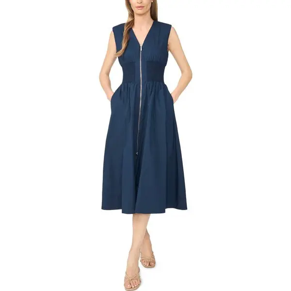 Halogen Zip-front V-neck Sleeveless Midi Dress - Classic Navy