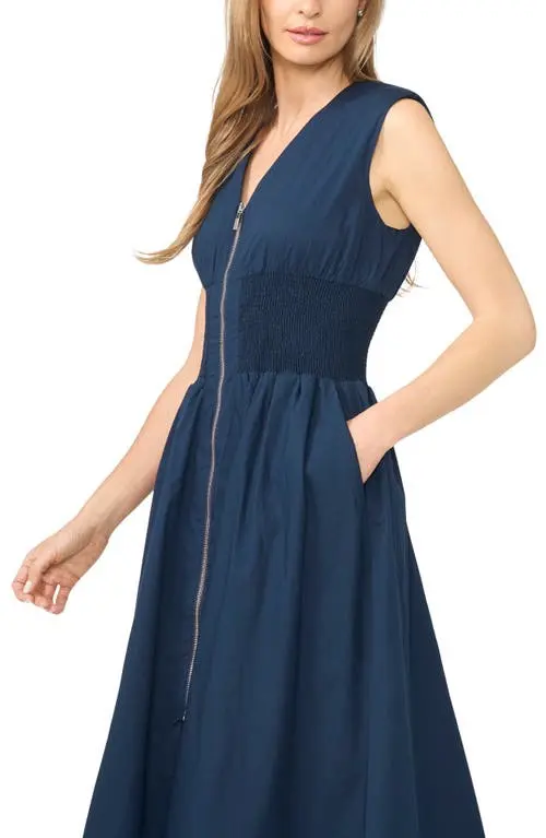 Halogen Zip-front V-neck Sleeveless Midi Dress - Classic Navy