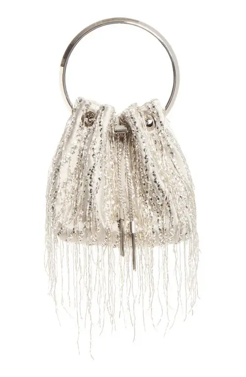 JIMMY CHOO Bon Bon Beaded Fringe Satin Bucket Bag - Silver/silver