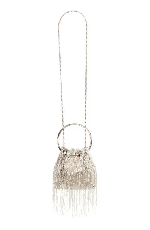 JIMMY CHOO Bon Bon Beaded Fringe Satin Bucket Bag - Silver/silver
