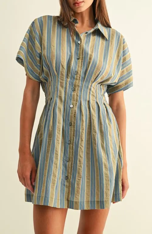 Adelyn Rae Dominique Stripe Pleat Mini Shirtdress