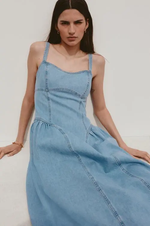 H&M Denim Sweetheart Neckline Dress