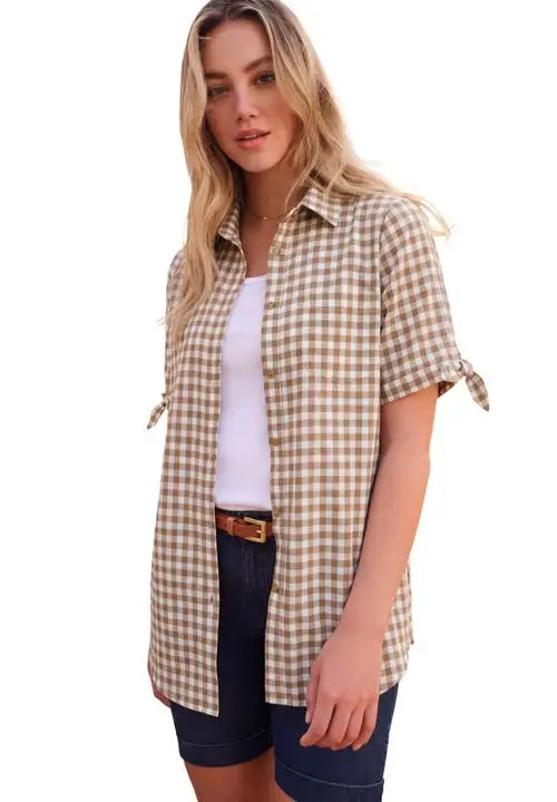 Roaman's Tie Sleeve Button Down Shirt - Brown Sugar Check
