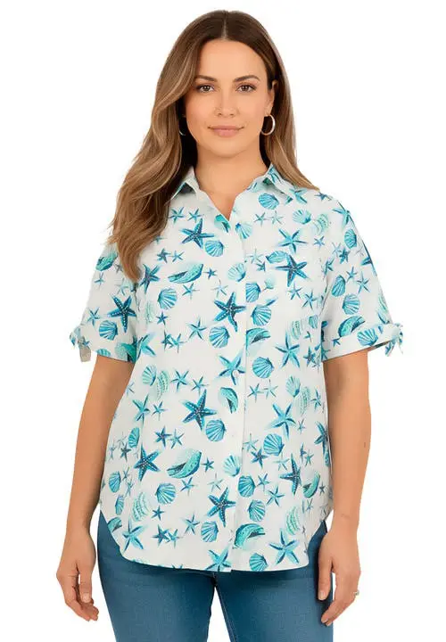 Roaman's Tie Sleeve Button Down Shirt - Deep Turquoise Seashells