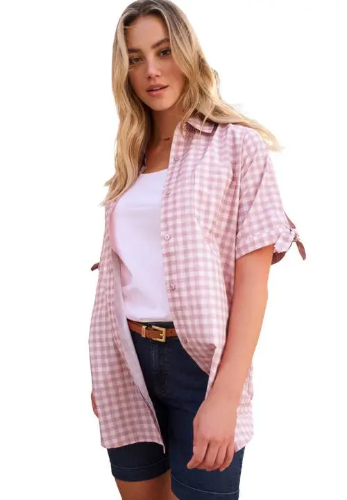 Roaman's Tie Sleeve Button Down Shirt - Lilac Ice Check