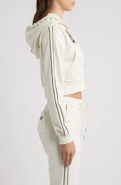 VON DUTCH Cropped Raw Edge Full Zip Hoodie - Gardenia