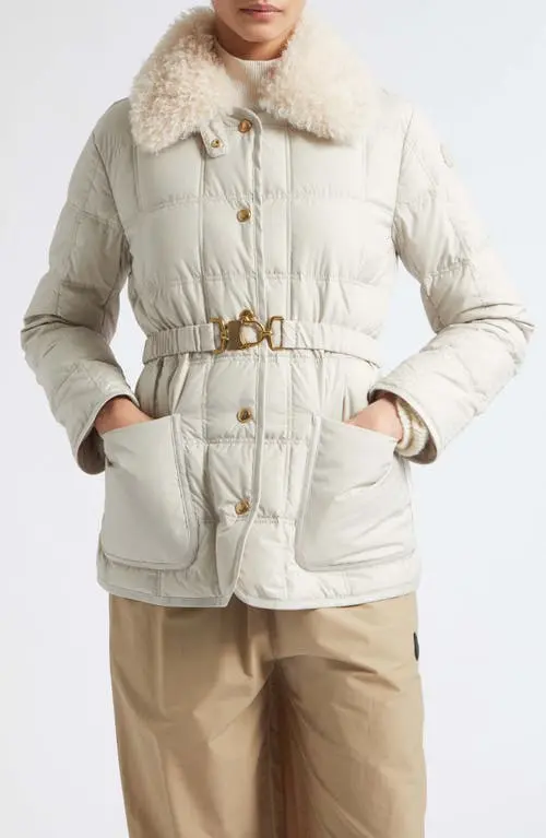 Moncler Cygnes Quilted Down Jacket With Faux Fur Collar - Beige