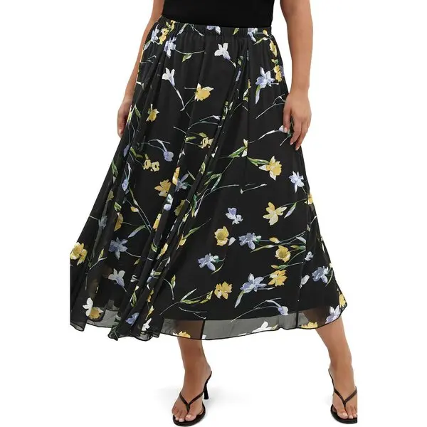 City Chic Serene Floral Print A-line Skirt - Midnight Petals