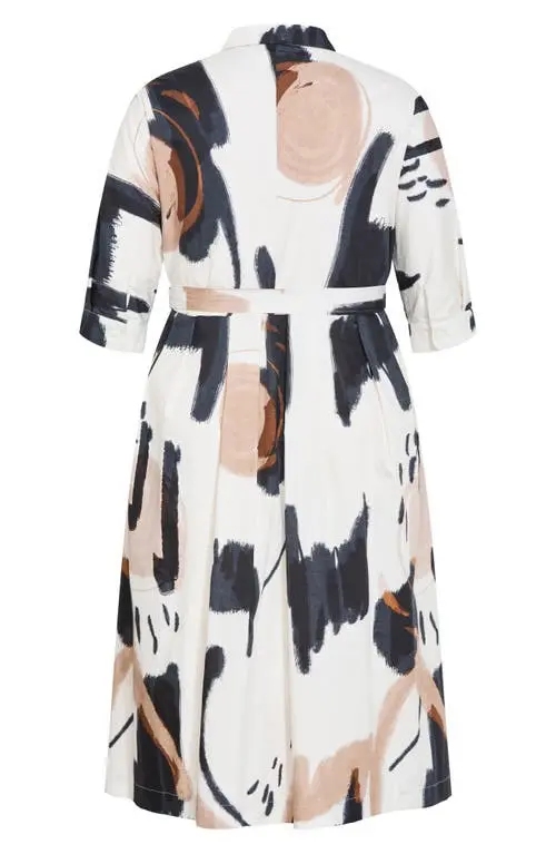 City Chic Abstract Brushstroke Print Cotton Shirtdress