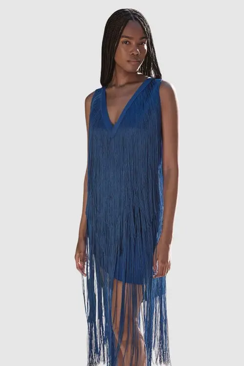 Karen Millen Fringe Bandage V-neck Midi Dress - Cobalt