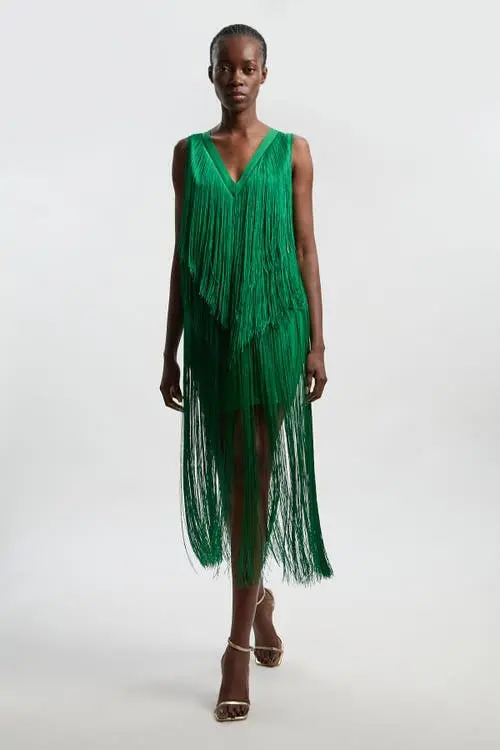 Karen Millen Fringe Bandage V-neck Midi Dress - Green