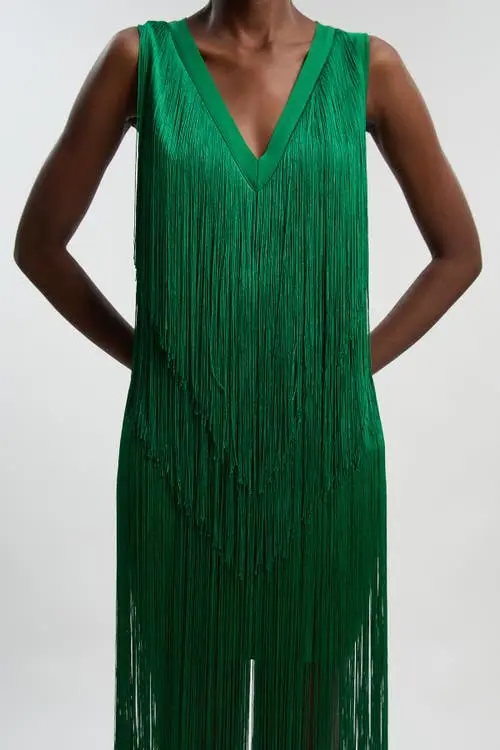 Karen Millen Fringe Bandage V-neck Midi Dress - Green