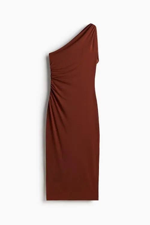H&M One-shoulder Draped Midi Dress - Rust Brown