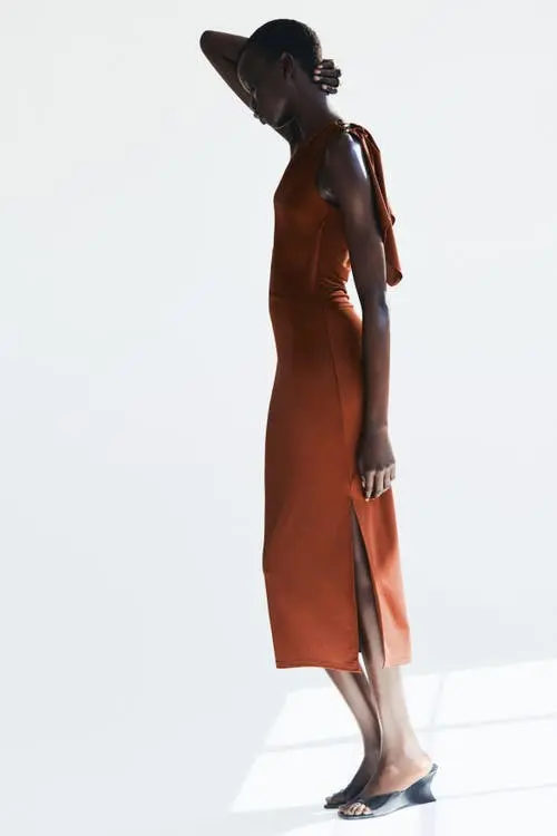H&M One-shoulder Draped Midi Dress - Rust Brown